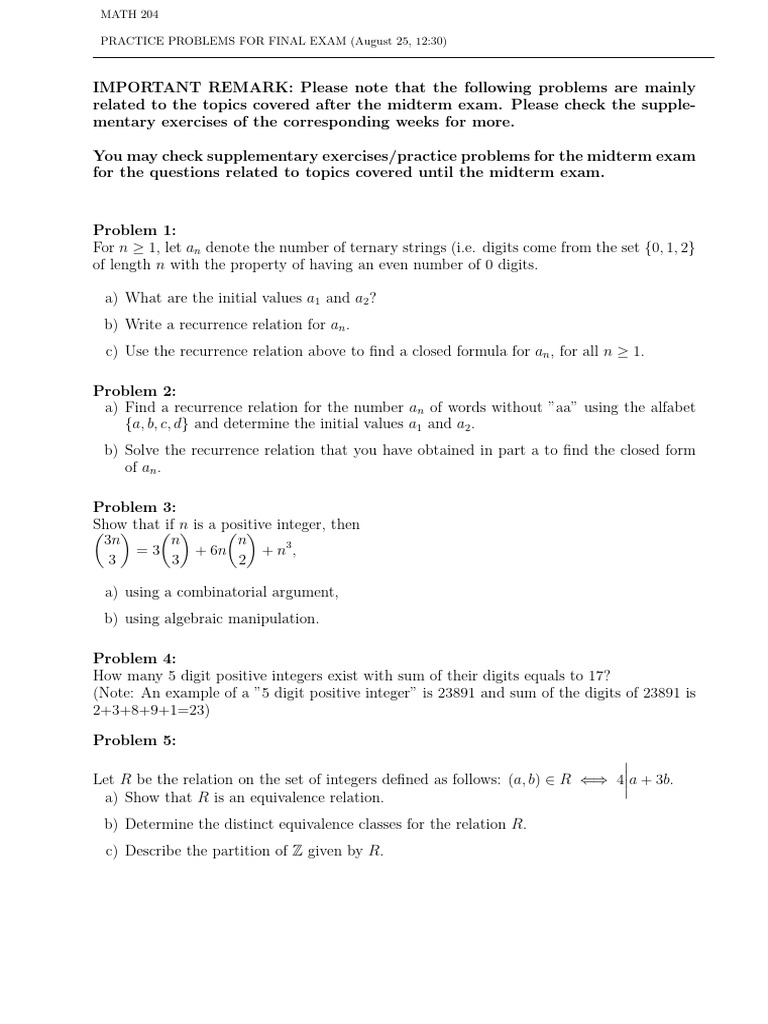 Math 204 Final Exam Practice Problems | PDF | Vertex (Graph Theory ...