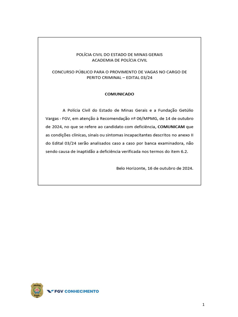 Comunicado 1 Perito Criminal 16 10 24 | PDF