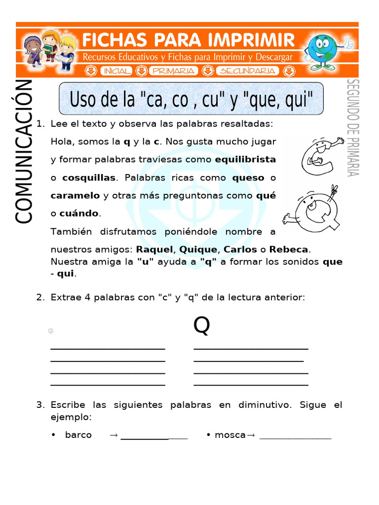 Ficha de Uso de La Ca Co Cu y Que Qui para Segundo de Primaria | PDF