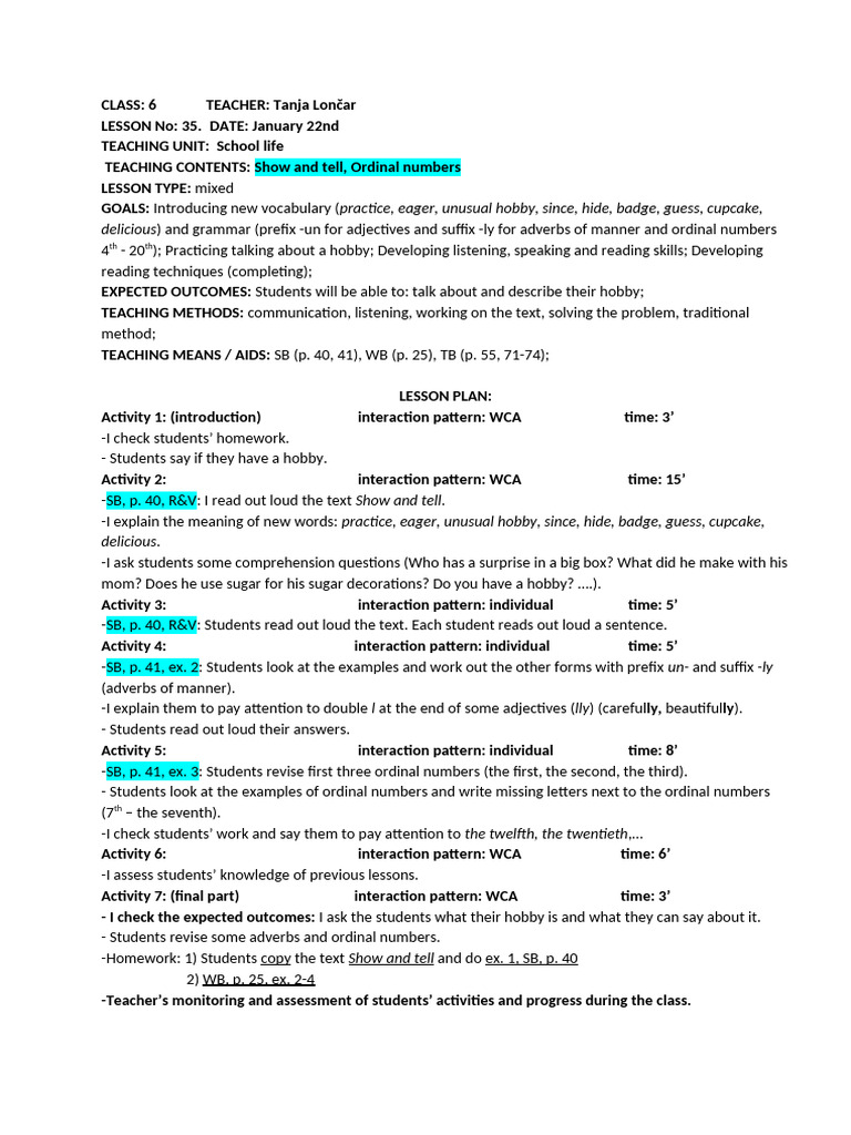6-35 Show and Tell, Ordinal Numbers, Adjectives (UN-,-LY) | PDF ...