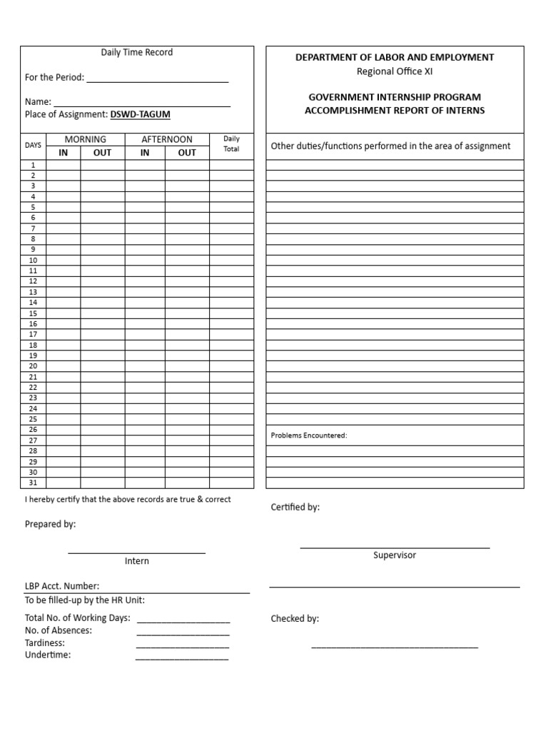 DOLE DTR and ACCOM TEMPLATE For DSWD 50 | PDF | Career & Growth | Finance & Money Management