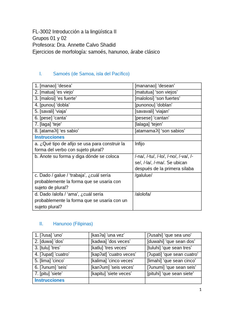 Ejercicios Samoés, Hanunoo, Árabe Clásico | PDF | Lingüística | Idiomas