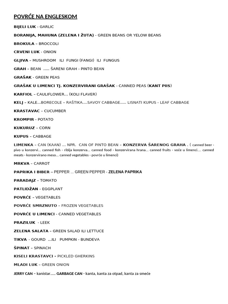 English Translations for Vegetables | PDF