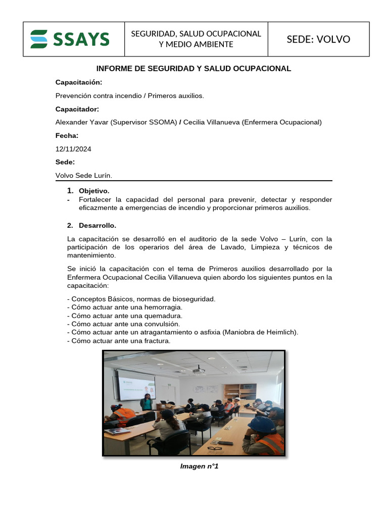 INFORME DE SEGURIDAD Y SALUD OCUPACIONAL | PDF | Primeros auxilios | Seguridad y salud ocupacional