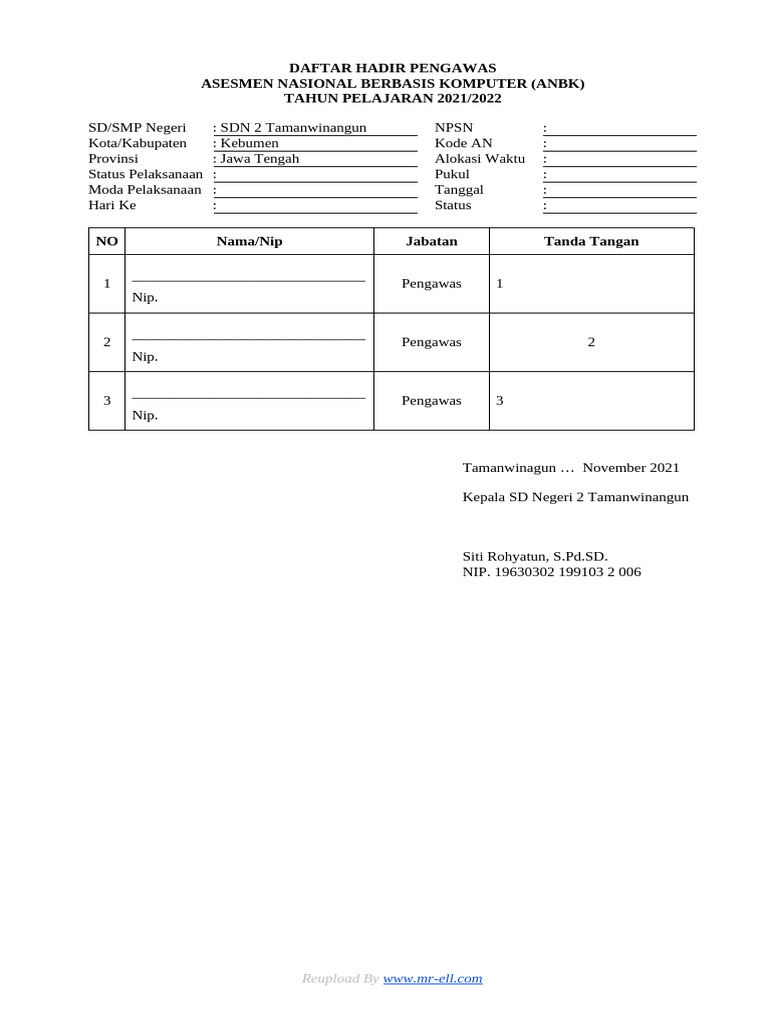 Daftar Hadir Pengawas ANBK Tahun 2021 | PDF
