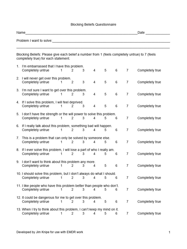 EMDR Blocking Beliefs Questionnaire | PDF