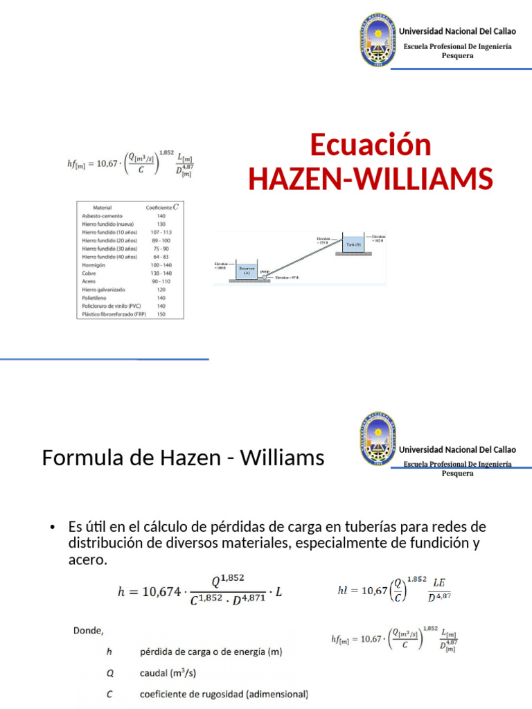 Ecuacion de Hazen Williams | PDF | Viscosidad | Tubería (transporte de ...
