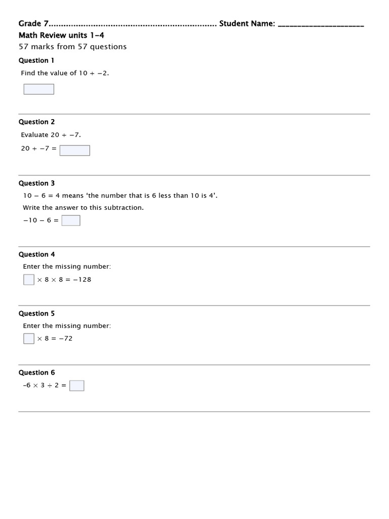 Grade 7 Math Review: Units 1-4 | PDF | Algebra | Mathematics