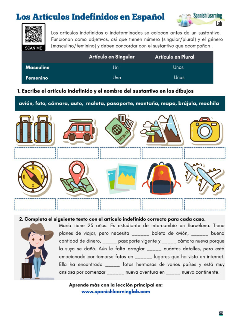 Los Artículos Indefinidos en Español Hoja de Trabajo Indefinite ...