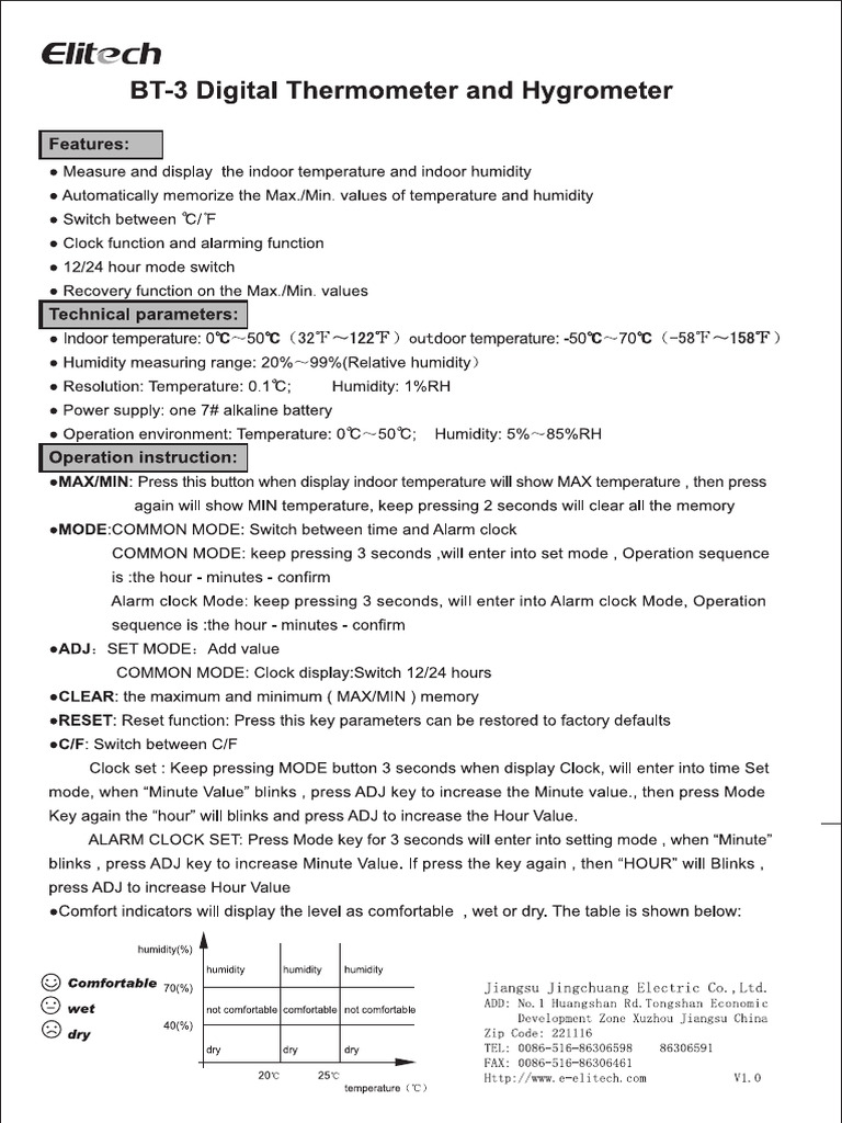 Elitech BT-3 Thermometer User Manual | PDF