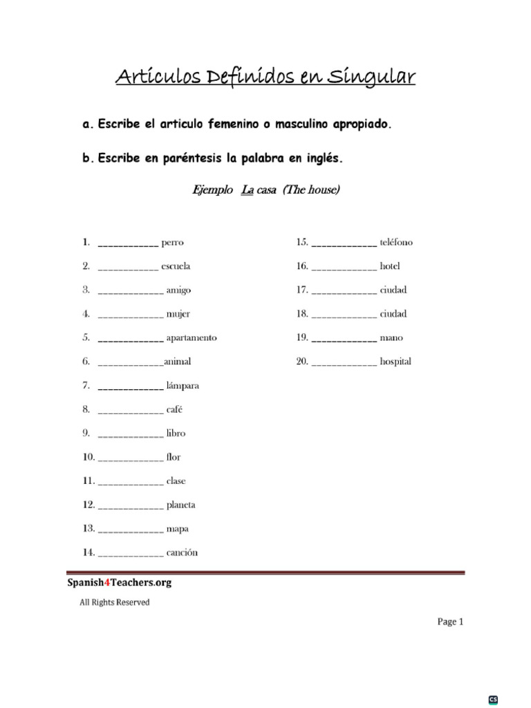 Spanish Worksheet Masculine and Feminine Definite Articles Articulos ...