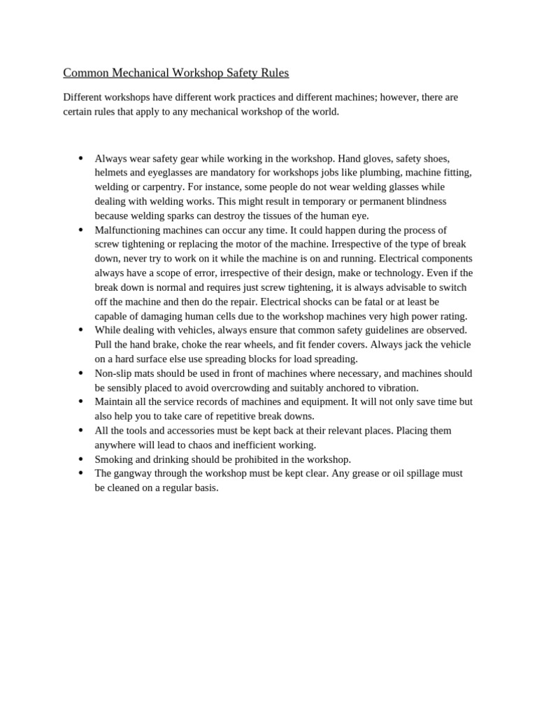 Common Mechanical Workshop Safety Rules | PDF