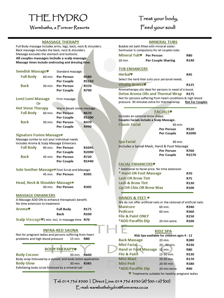 Warmbaths Hydro Spa Pricing Guide | PDF | Massage | Leisure Activities
