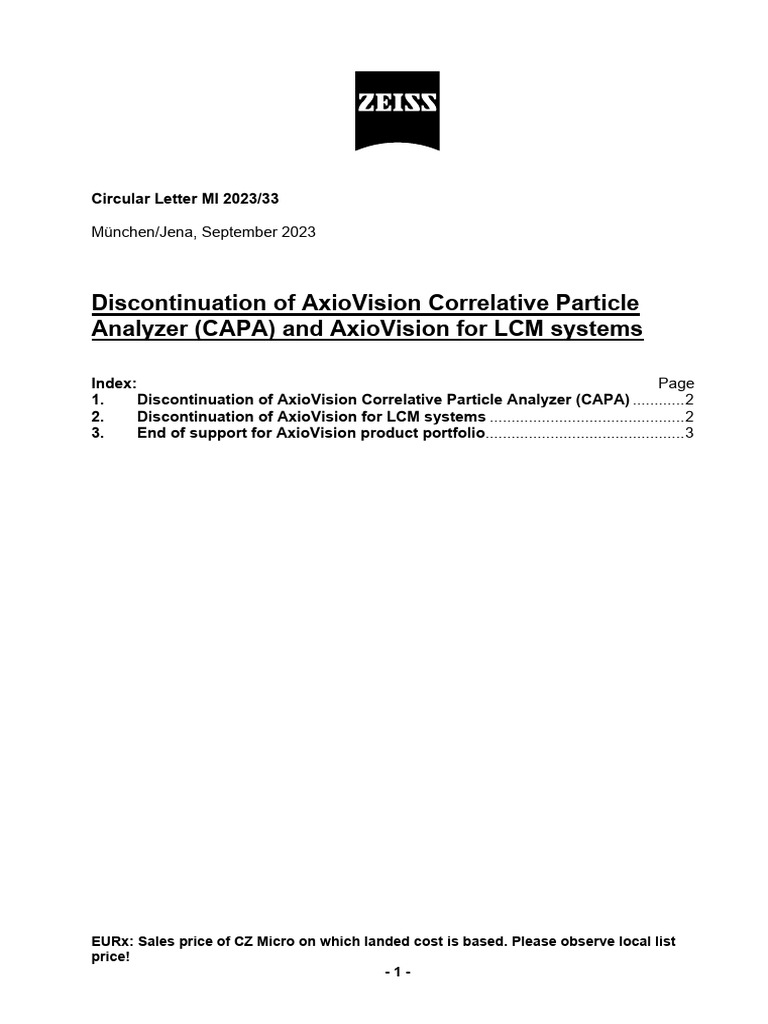 Discontinuation of AxioVision Correlative Particle Analyzer (CAPA) and AxioVision For LCM ...