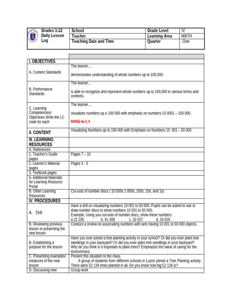 Q1 DLL MATH 4 LC 1 (Lesson 2) | PDF | Learning | Cognitive Science