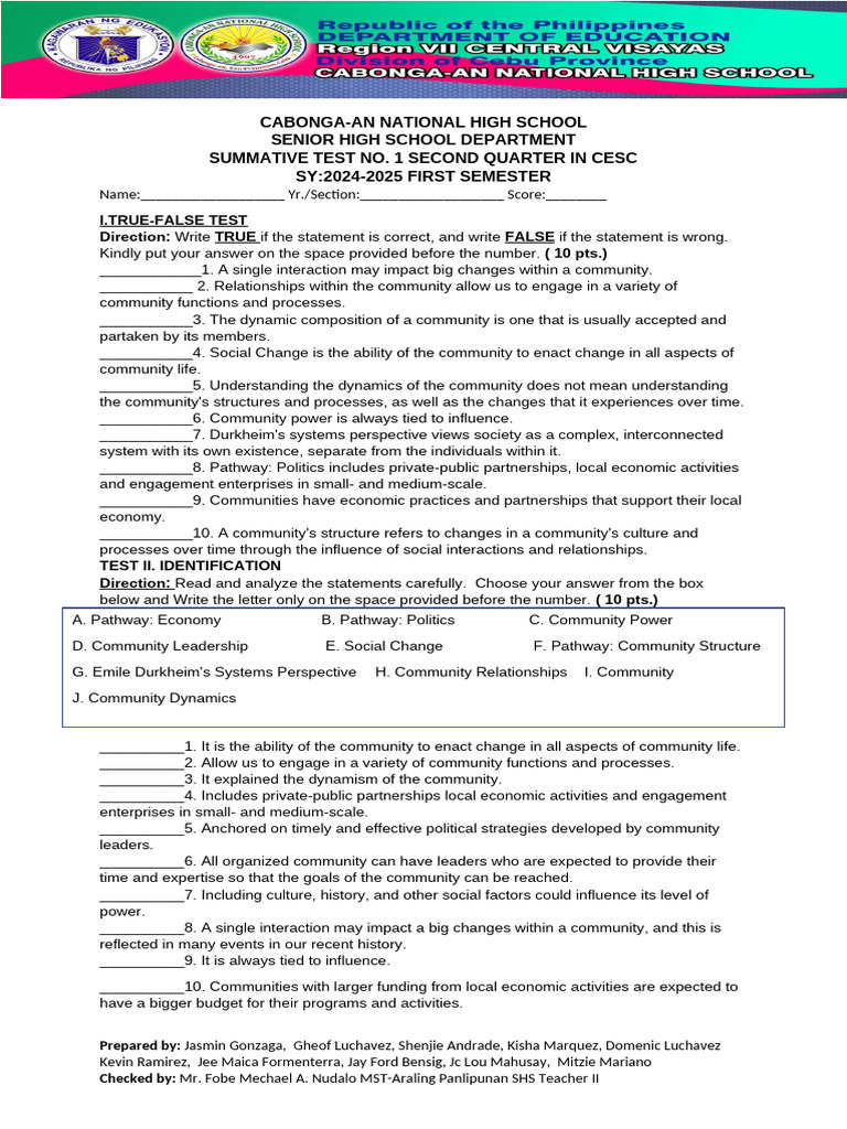 CESC Summative Test No. 1 - Q2 2024 (AutoRecovered) | PDF | Community ...