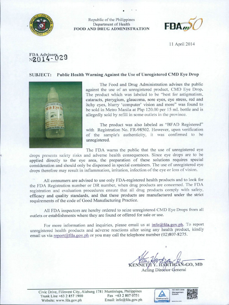 FDA Advisory No. 2014 029 | PDF