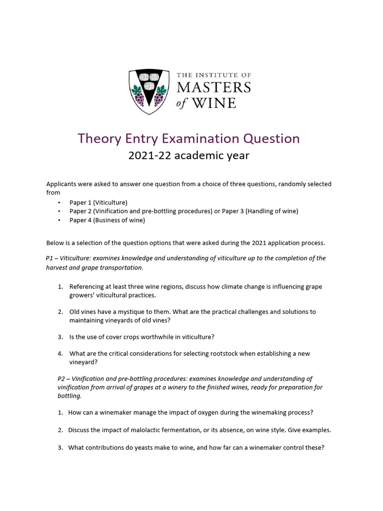 Theory Entry Exam Questions 2021 | PDF | Winemaking | Wine