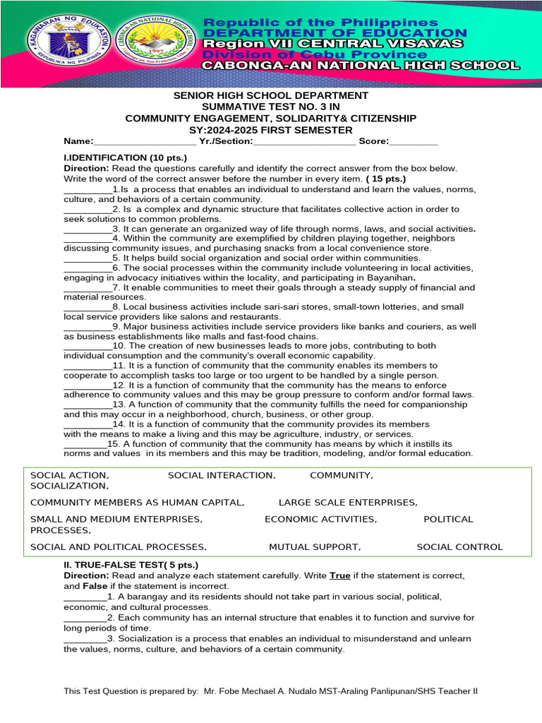 CESC Summative Test No.3 | PDF | Community | Socialization