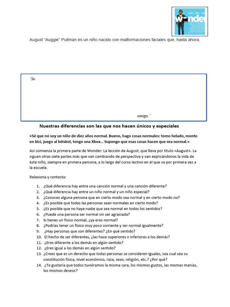Ficha Película Wonder | PDF | Relaciones personales, crianza y ...