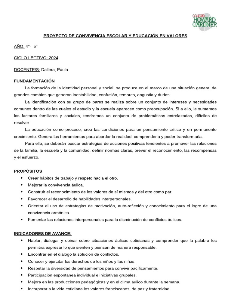 Proyecto de Convivencia Escolar y Educación en Valores | PDF | Psicología Social