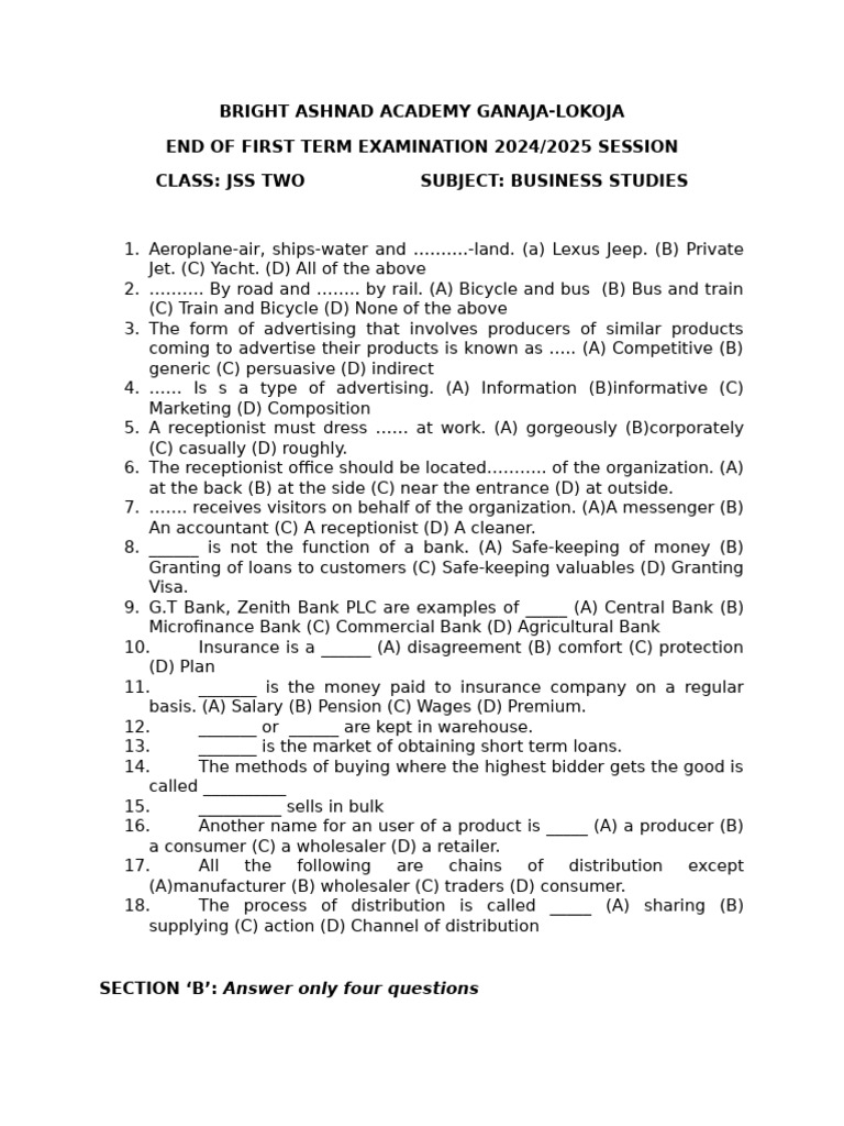 Business Studies JSS 2 (First Term) | PDF | Retail | Economies