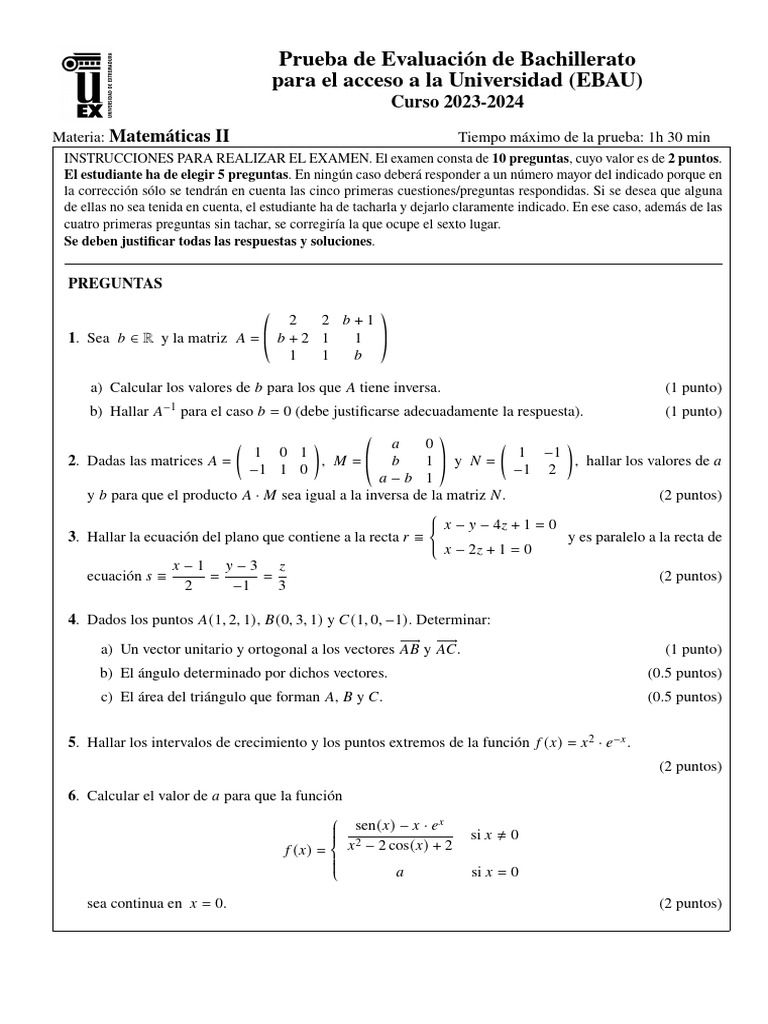 Examen EBAU Matemáticas II Ordinaria 2024 | PDF | Matriz (Matemáticas ...