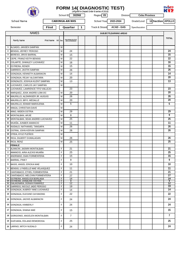 Form 14 Diagnostic Test G12-Apollo | PDF