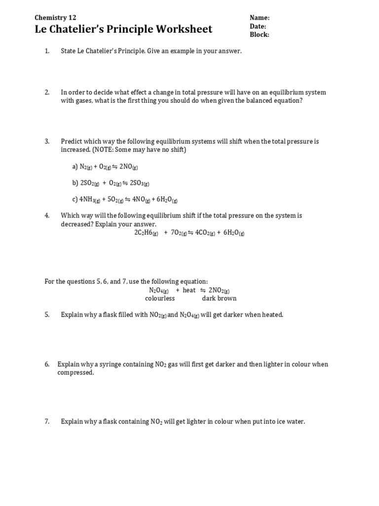 Le Chatelier's Principle Worksheet | PDF | Chemical Equilibrium ...