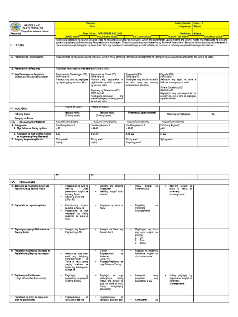 DLL - FILIPINO 9 2ngd Grading (Topic 1) | PDF