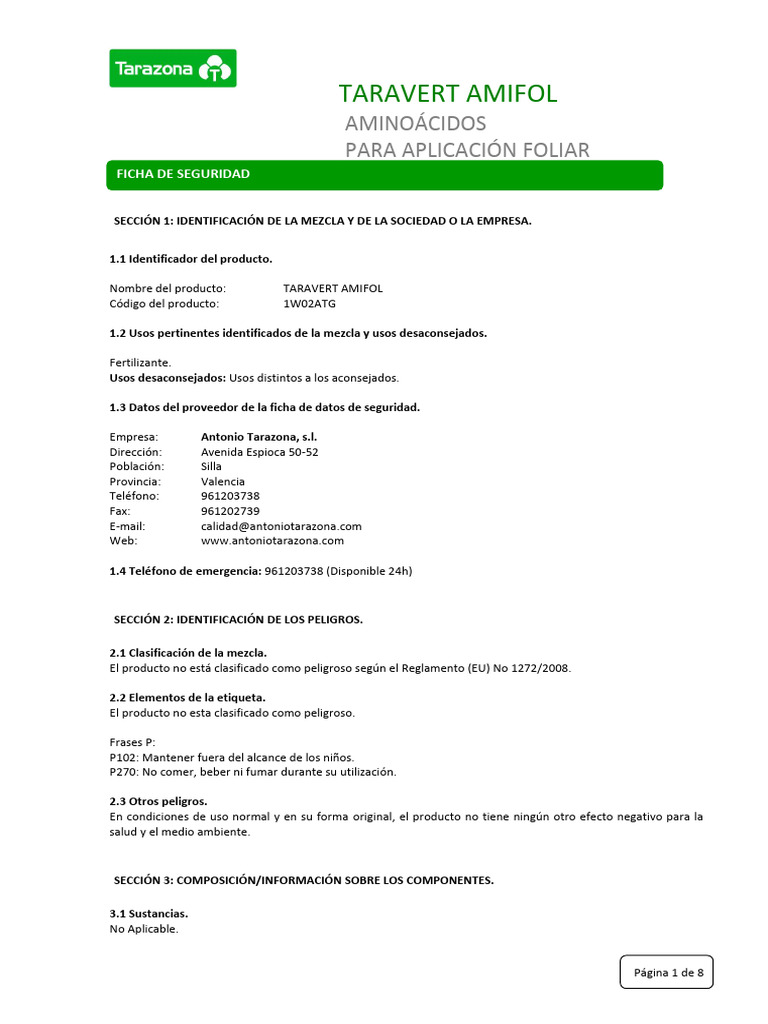 Ficha de Seguridad de Taravert Amifol | PDF | Química