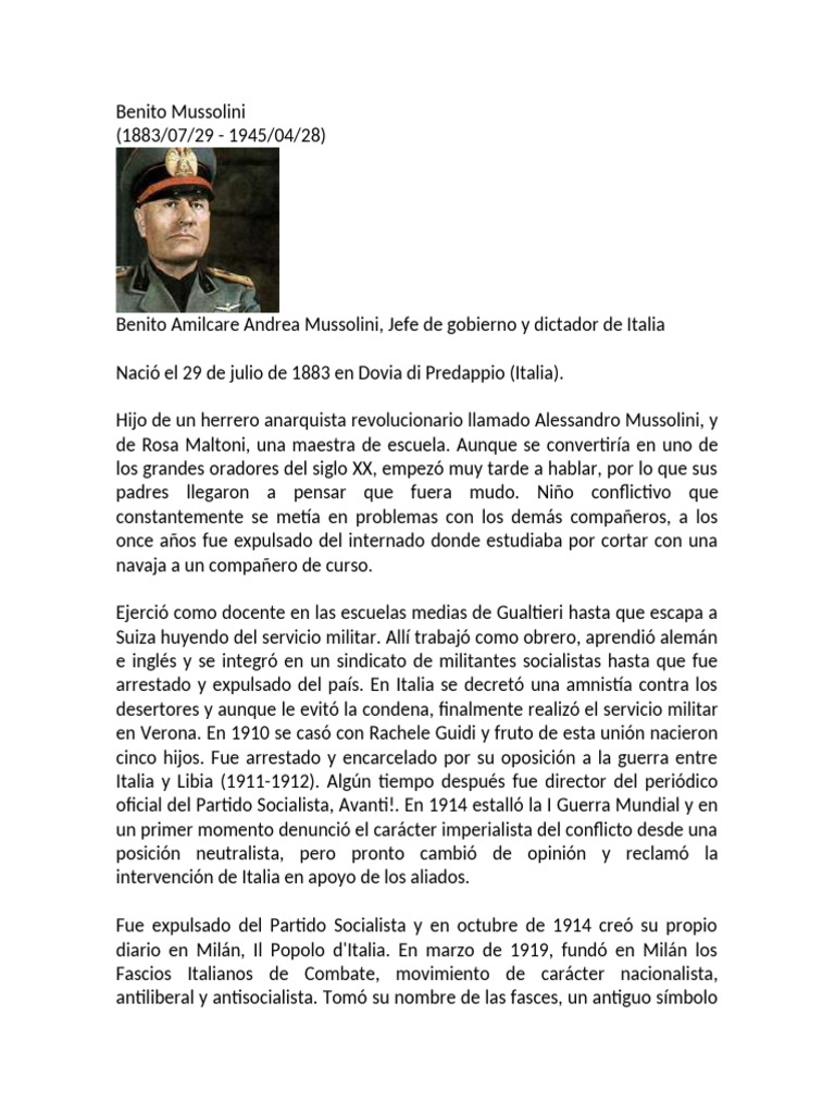 Biografía de Benito Mussolini: Dictador Italiano | PDF | Benito ...