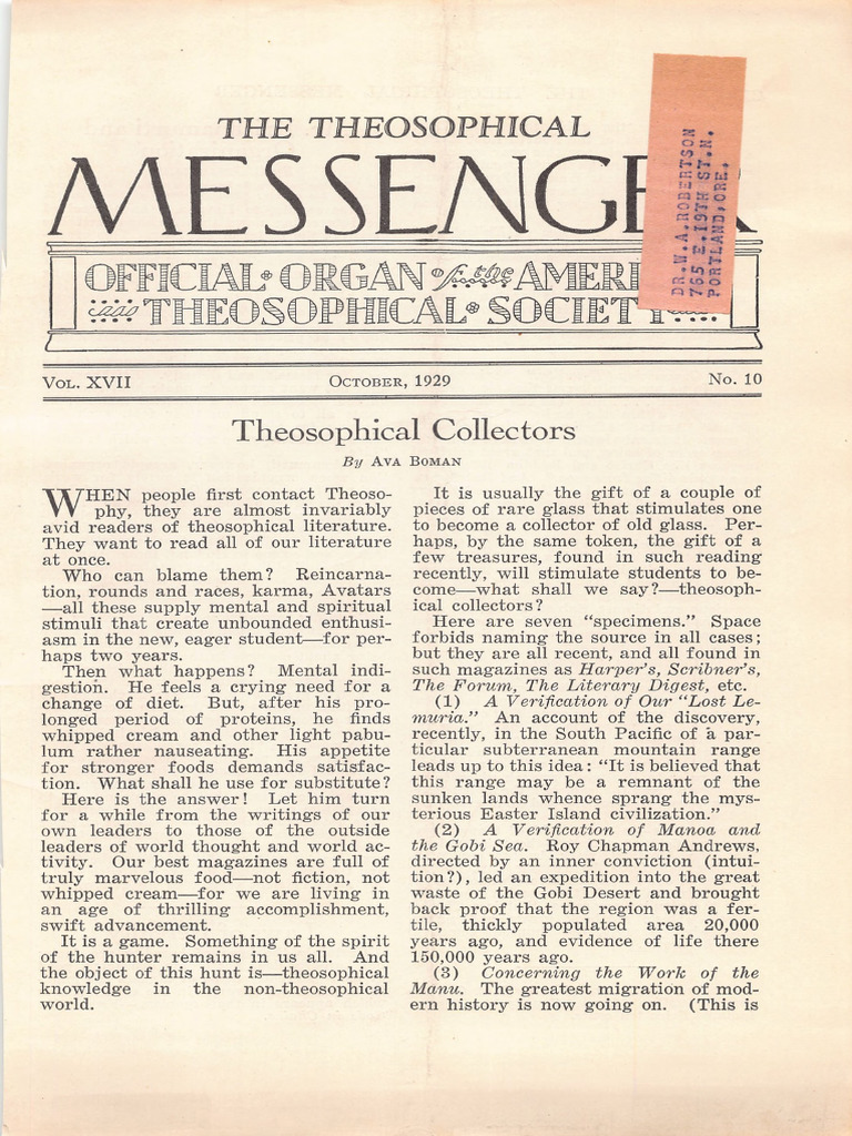 Theosophical Messenger v17 n10 Oct 1929 | PDF | Theosophy