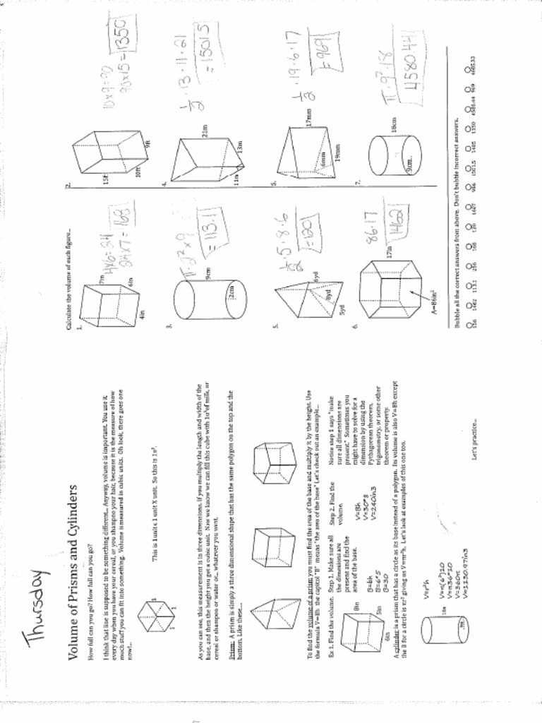 Volume and Surface Area Packet Key | PDF