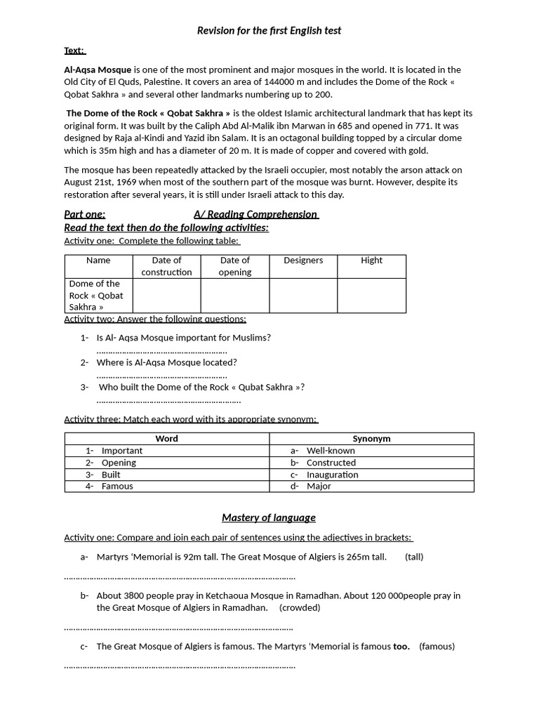 Revision For The First English Test 4m | PDF | Al Aqsa Mosque