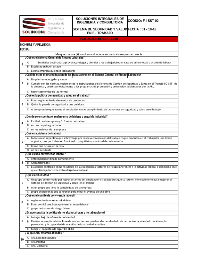 Formato Evaluacion Induccion | PDF