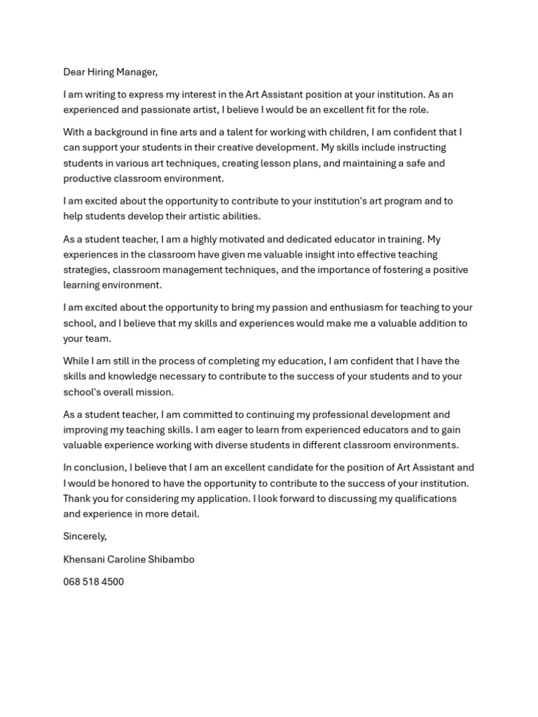 Letter of Art Assistant Post Khensani Shibambo | PDF