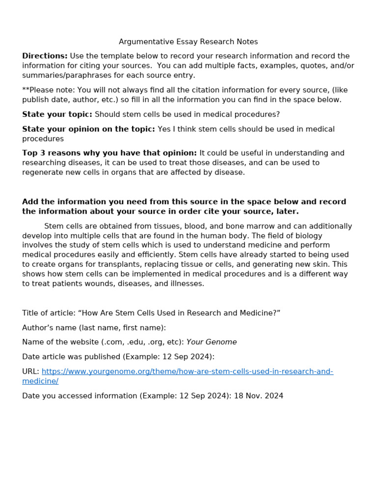 Argumentative Essay Research Notes | PDF | Stem Cell | Bone Marrow