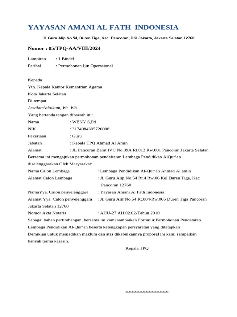 Surat Permohonan Tanda Daftar TPQ | PDF