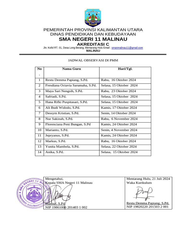 Jadwal Observasi PMM Periode Juli-Desember | PDF