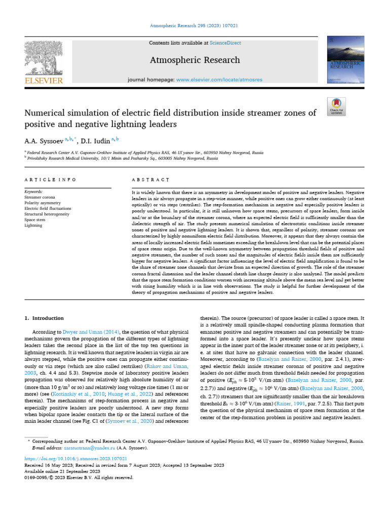 Numerical Simulation of Electric Field Distribution Inside Streamer Zones | PDF | Lightning ...