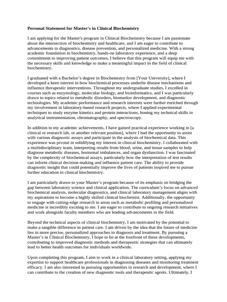 Personal Statement For Master's in Clinical Biochemistry | PDF ...