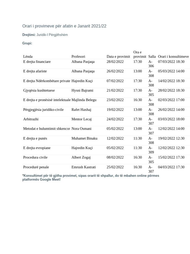 Orari I Provimeve Për Afatin e Janarit 2022 | PDF