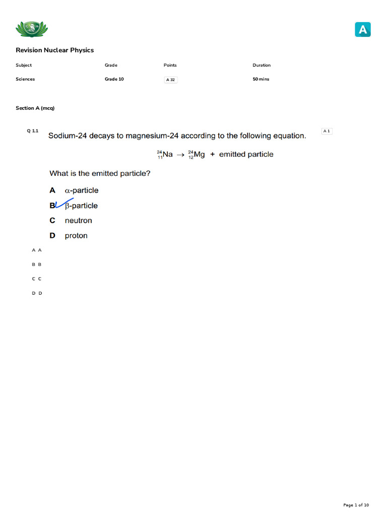 Grade 10 Nuclear Physics MCQs | PDF | Atomic Nucleus | Radioactive Decay