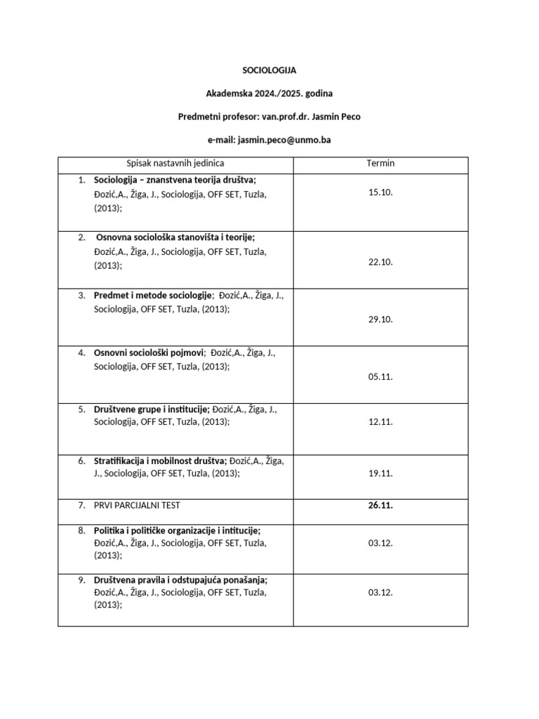 SOCIOLOGIJA - Sillabus - Odsjeci | PDF