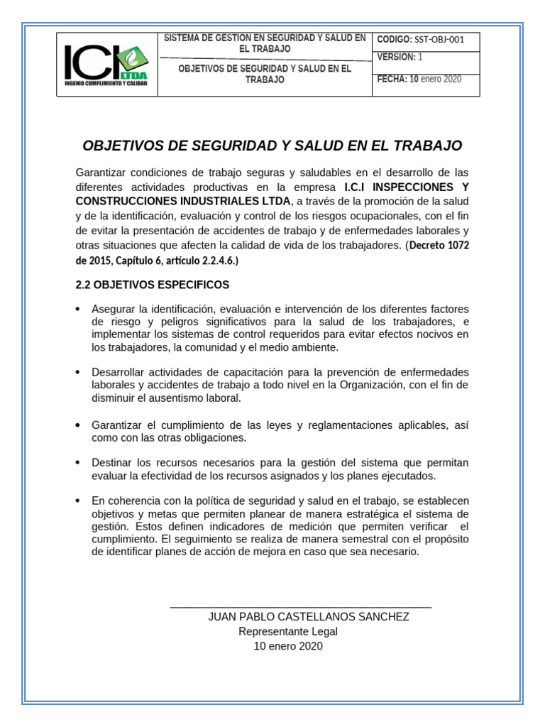 SST-OBJ-001 Objetivos Del SST | PDF
