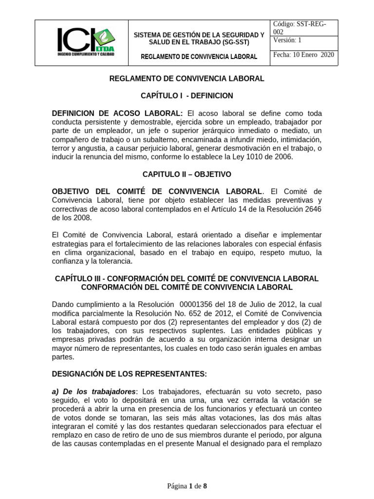 Sst-Reg-002 Reglamento de Convivencia Laboral | PDF | Derecho laboral | Business