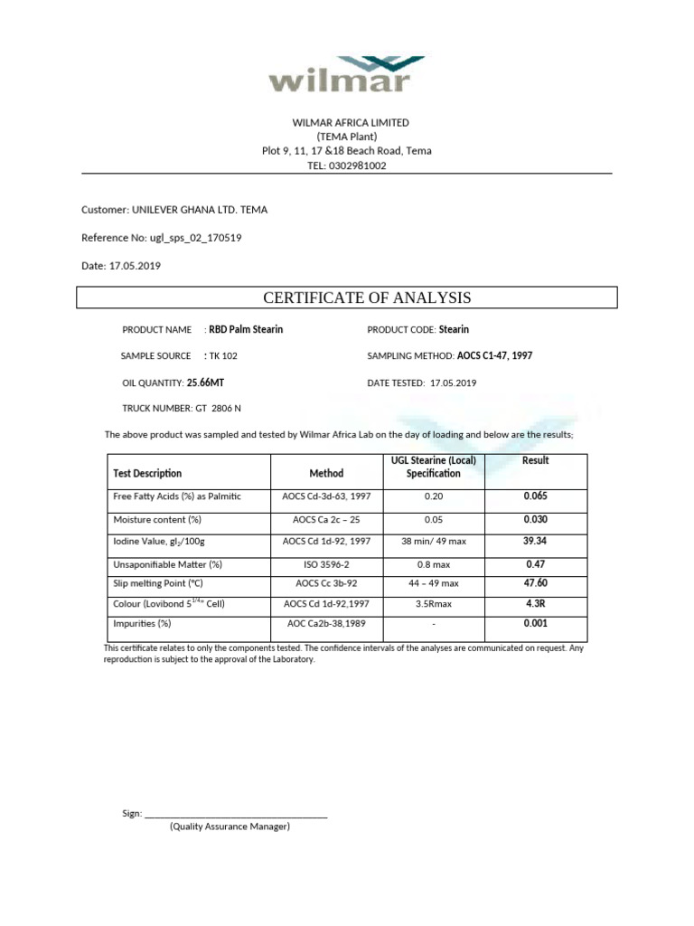 COA For Stearin - Soaps UGL | PDF | Technology & Engineering