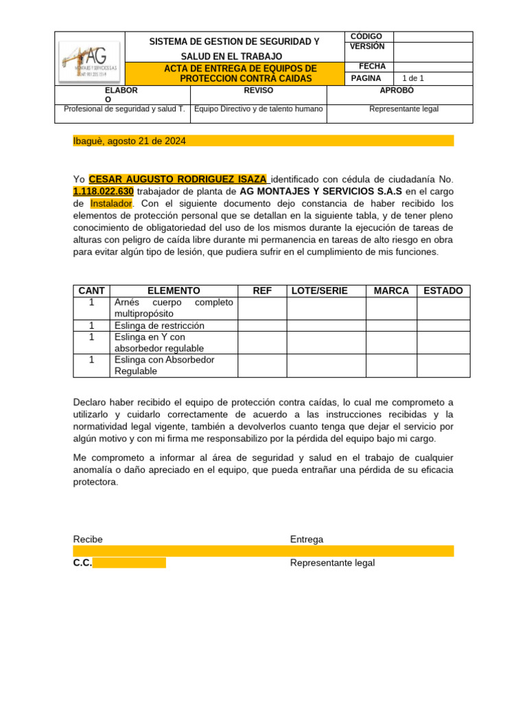 FO-SST - Acta Entrega SPCC | PDF