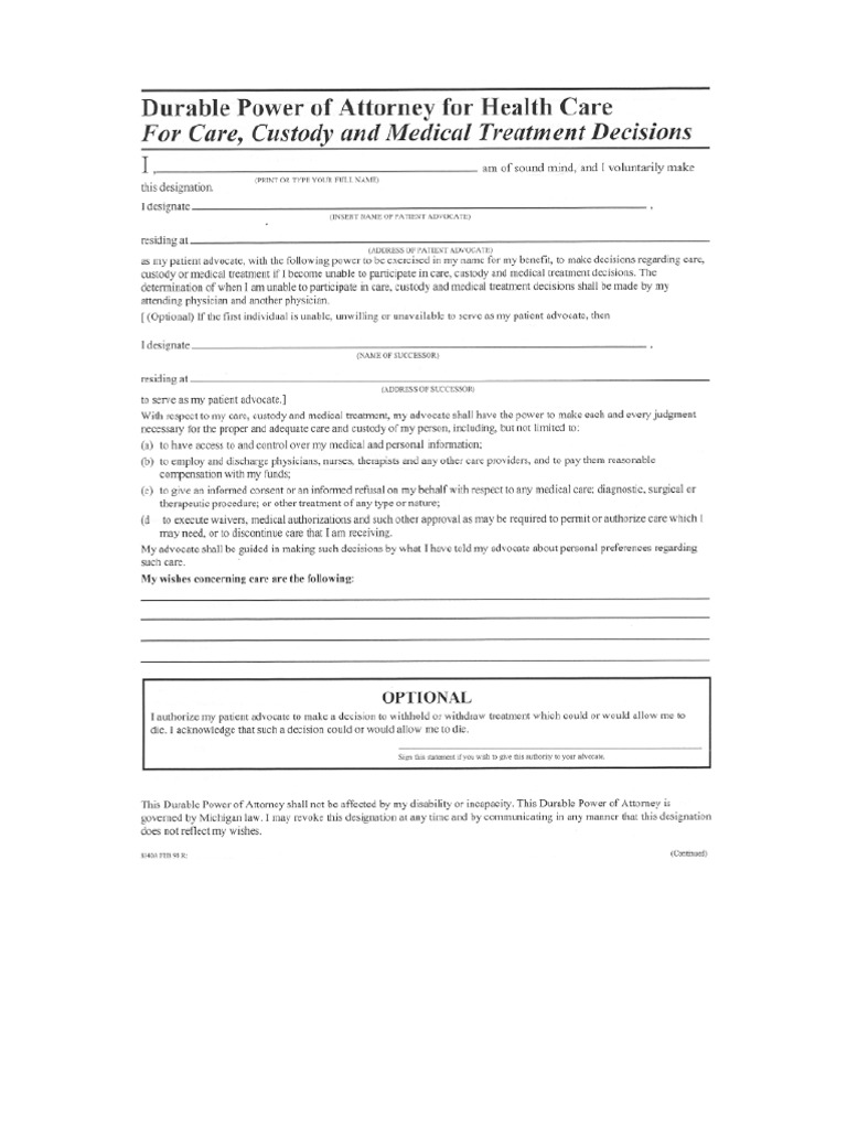 Durable Power of Attorney For Health Care | PDF